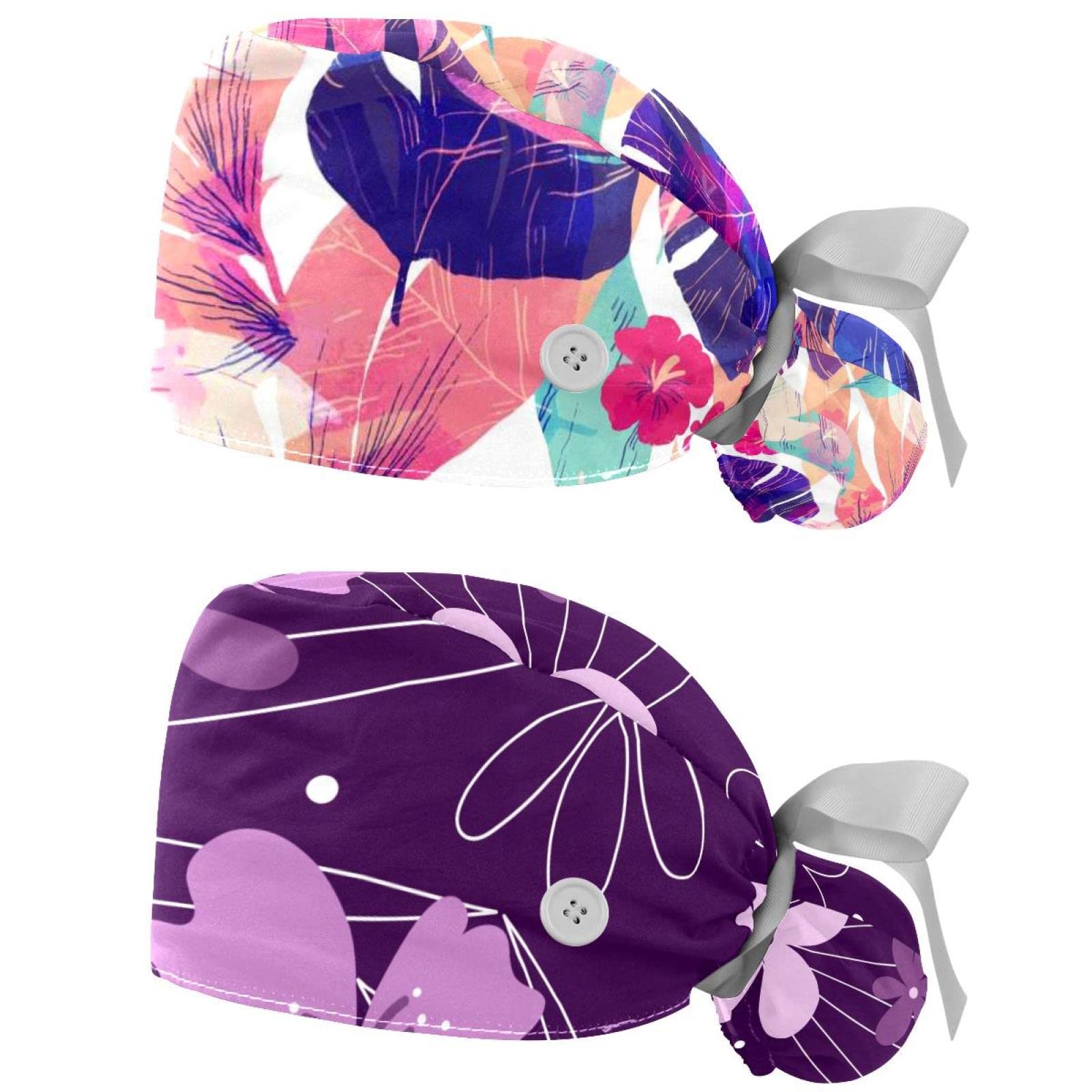 Adjustable Scrub Bouffant Caps, 2 Packs Colorful Floral Working Hat Hair Cover with Ponytail Pouch, Soft Surgical Nurse Cap