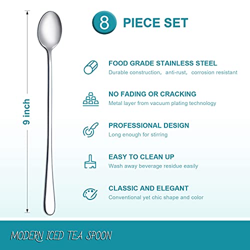 Hiware 8-Piece 9-Inch Long Handle Iced Tea Spoon, Coffee Spoon, Ice Cream Spoon, Stainless Steel Cocktail Stirring Spoons