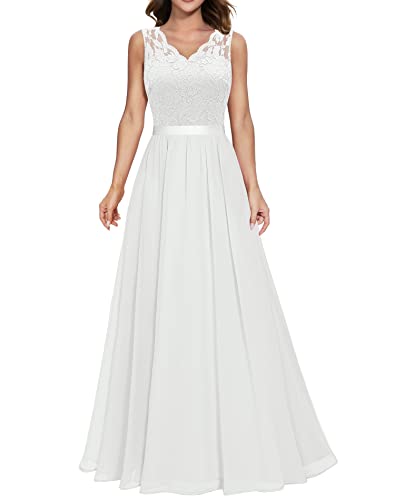 Daisyaner Women's Formal Floral Lace V-Neck Formal Dresses Evening Party Elegant Maxi Dress for Wedding Guest White L