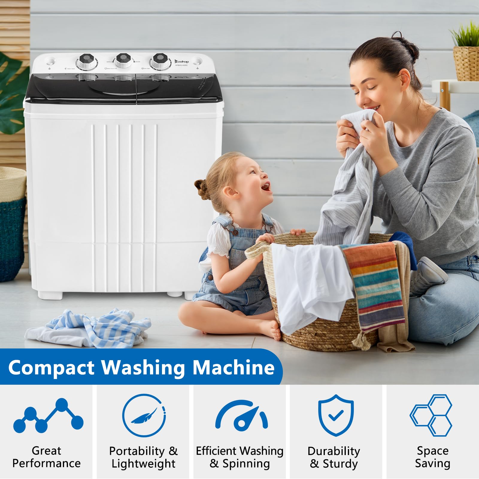 Winado 20LBS Portable Washing Machine, Compact Mini Washer Machine & Dryer Combo, Built-in Gravity Drain, Small Twin Tub Washer with Spin Cycle for Laundry Room, Apartments, Dorms, RV's (Black)