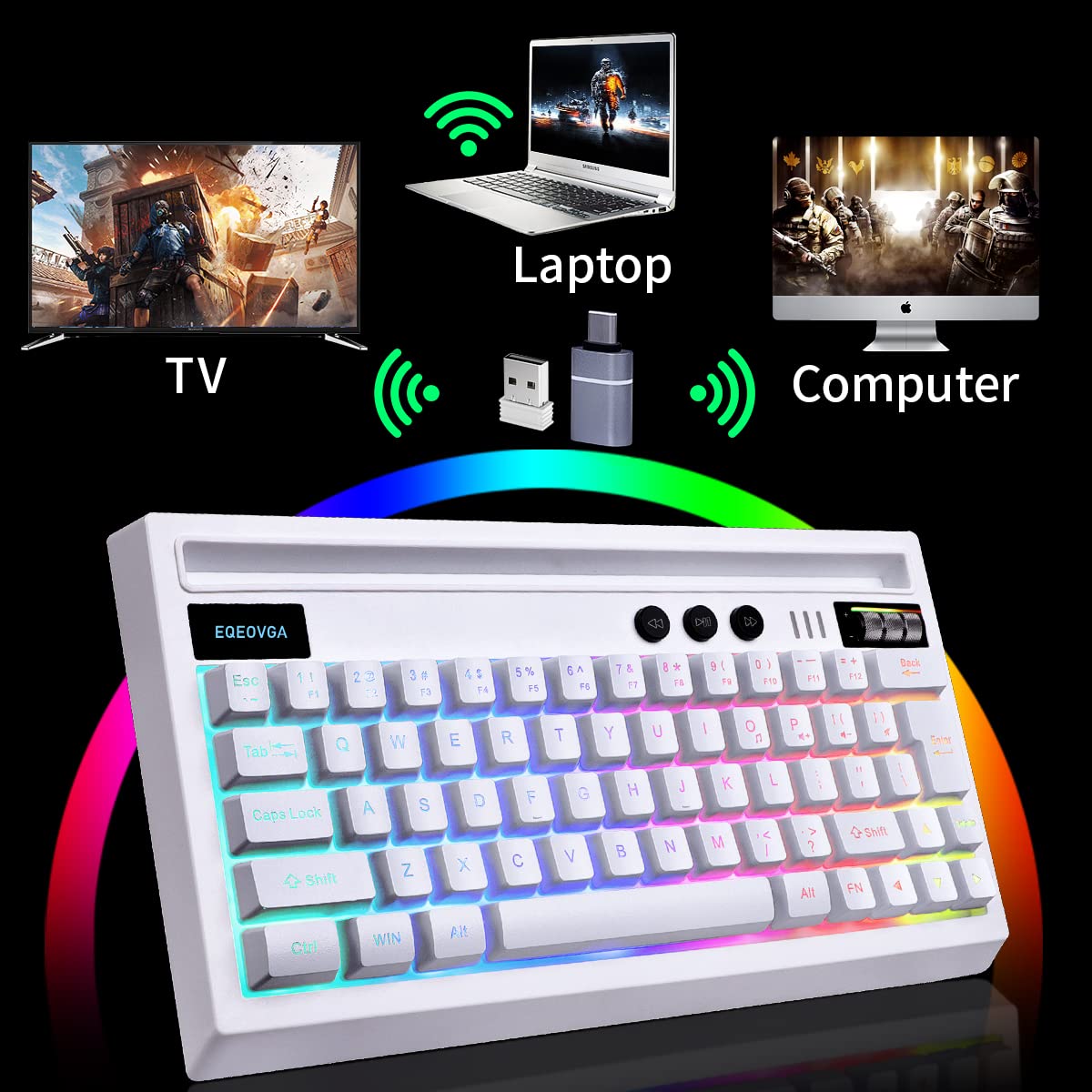 EQEOVGA L640 60% Wireless Gaming Keyboard,3300mAh Battery 2.4G Wireless Stand Design,RGB Backlit Waterproof Mini Compact 63 Key for PC/Mac Gamer, Typist, Travel, Easy to Carry on Business Trip(White)