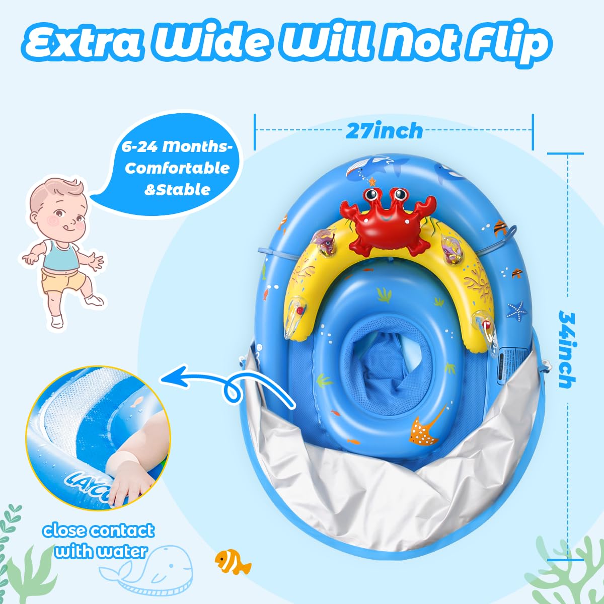 LAYCOL Baby Pool Float with UPF50+ Sun Protection Canopy and Toy Play Console for Infant, Toddler, Adjustable Safety Seat for 3-36 Months