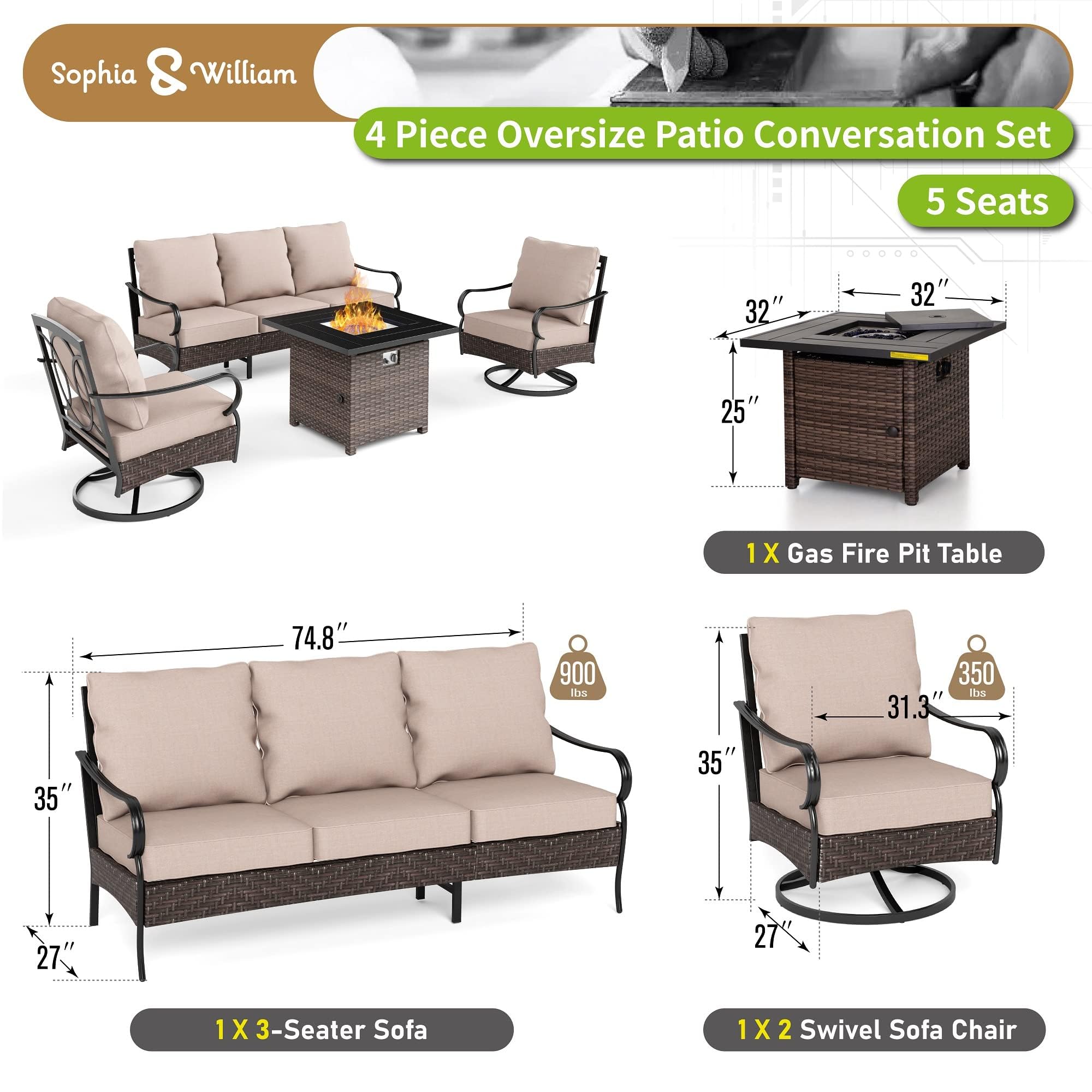 Sophia & William Patio Furniture Set with 32" Fire Pit Table, 3-Seater Sofa, 2 Swivel Chairs, 5 Seats Outdoor Metal Conversation Sets for Seating Lawn Garden Backyard,Beige