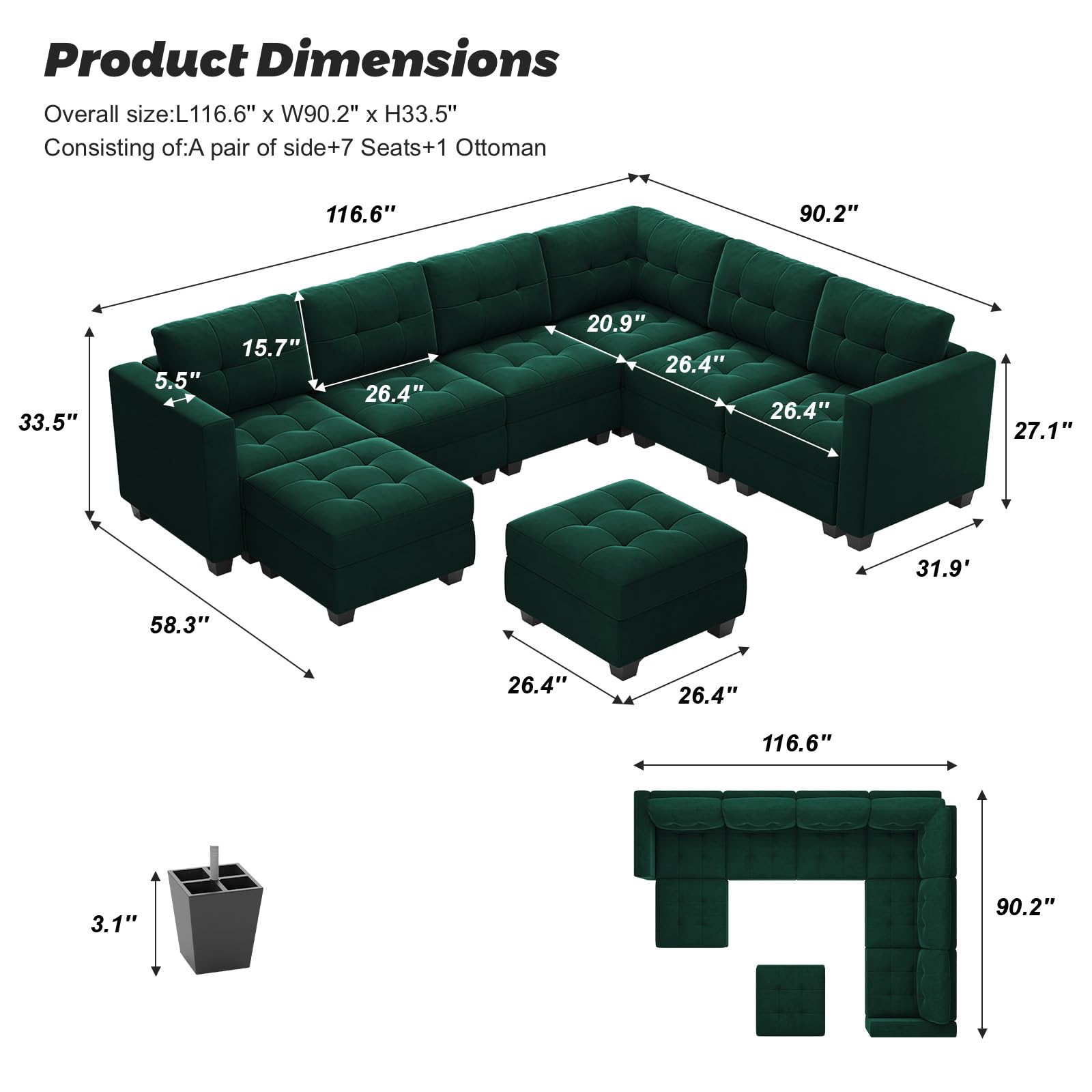 Belffin U Shaped Modular Sectional Sofa with Chaise Reversible, Oversized Sectional Sleeper Couch with Ottomans, Velvet Fabric Couch with Storage Seats, Green