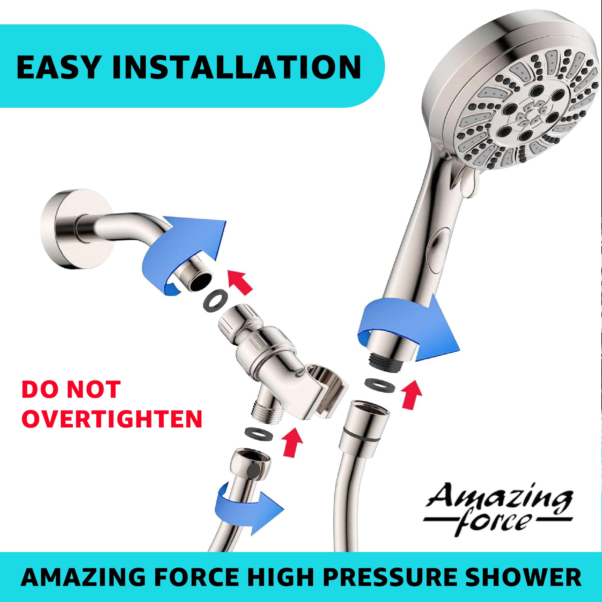 AMAZING FORCE Shower Head with Handheld, 6 Settings Showerhead High Pressure Powerful Water Spray Shower Head Set with 70 Inch Stainless Steel Hose and Bracket