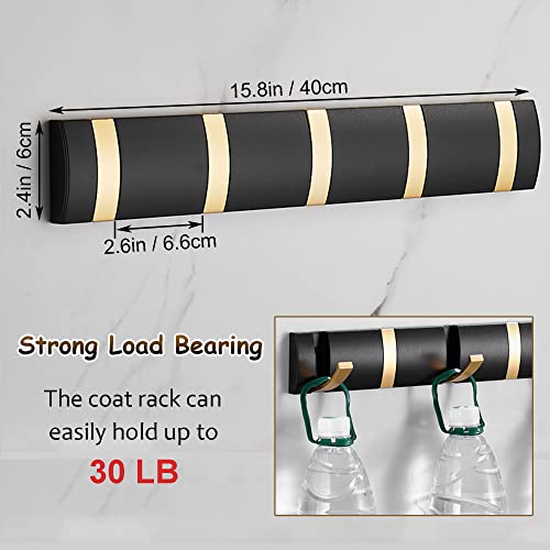 DMYMAT Coat Rack Wall Mounted with 5 Folding Hooks, 15.8 Inch Space Saving Wall Coat Hook, Black Gold Towel Hooks for Bathroom, Bedroom, Entryway, Hats, Scarves, Umbrella and Keys