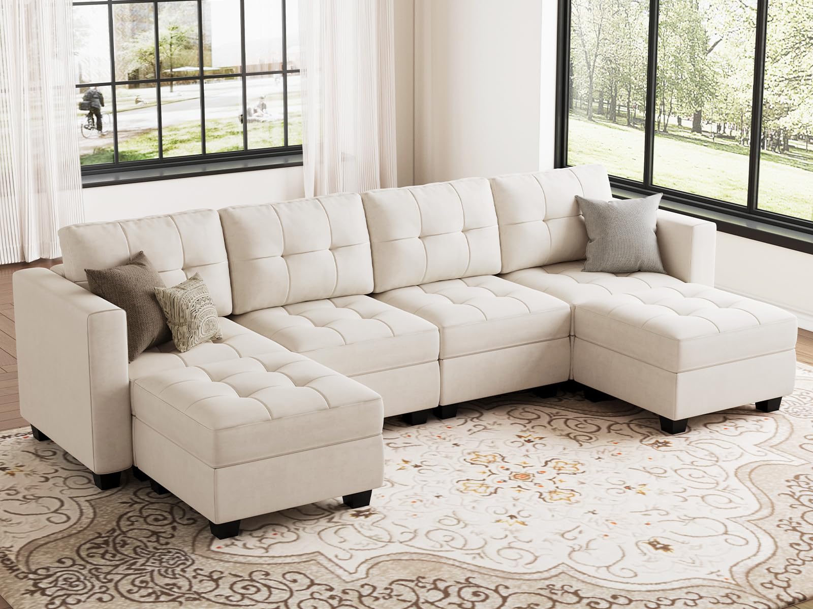 Belffin U-Shaped Modular Sectional Sofa, Couch with Storage Seats, Convertible Sofa with Reversible Chaise, Sleeper Couch for Living Room, Beige