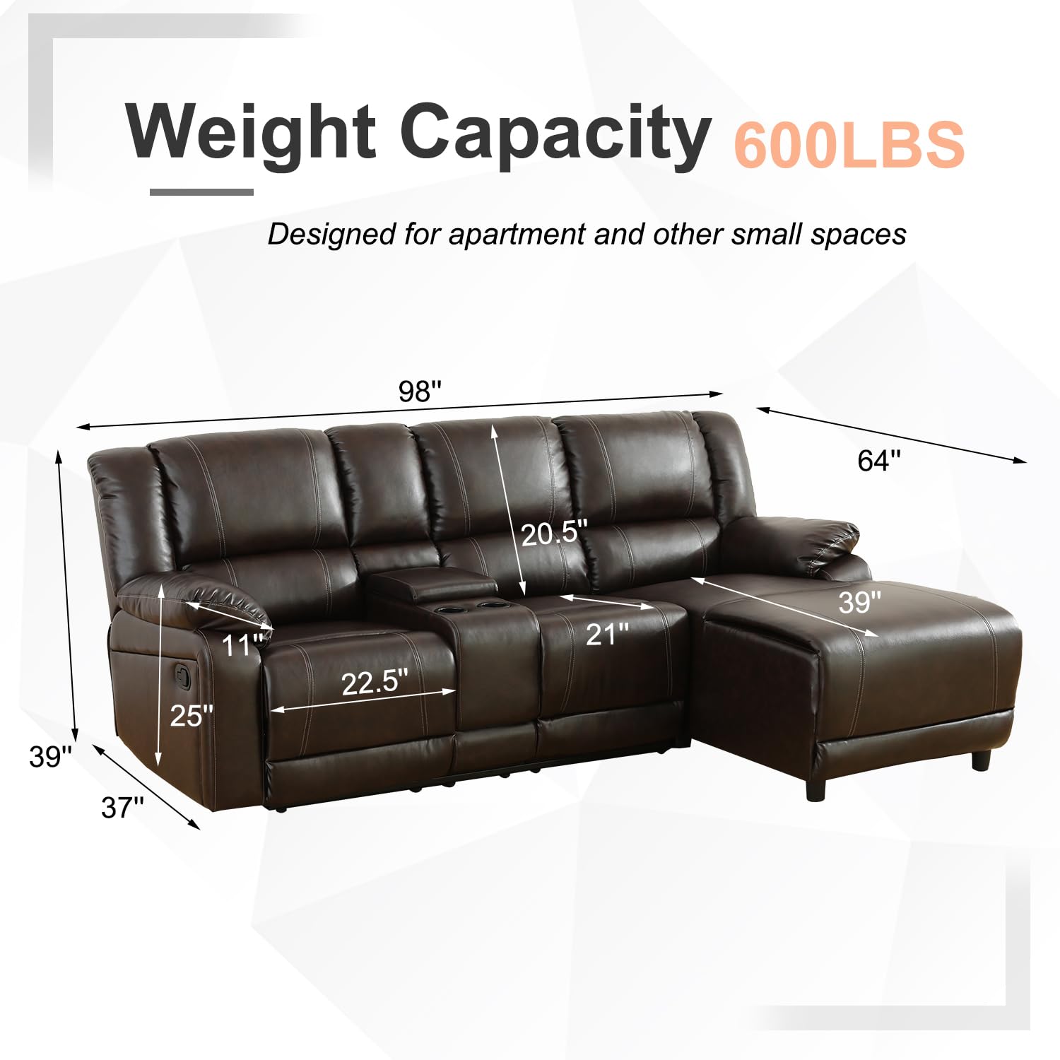 Plithzy Manual Recliner Sofa Couch with Chaise, Breathing Leather Reclining Sectional Sofa, Recliner Couch with Storage Console&Cup Holder for Living Room Apartment (121" Leather Sofa, Brown)