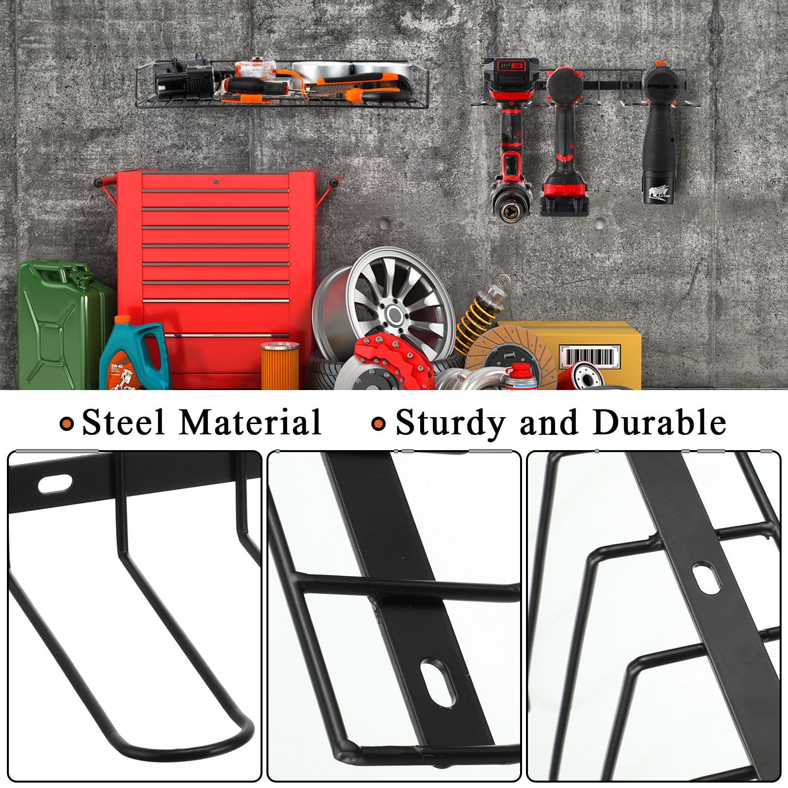 Barydat 4 Pack Power Tool Organizer Wall Mounted Drill Storage Garage Wall Rack Power Drill Holder Heavy Duty Floating Tool Shelf Battery Charging Station for Garage Workshop