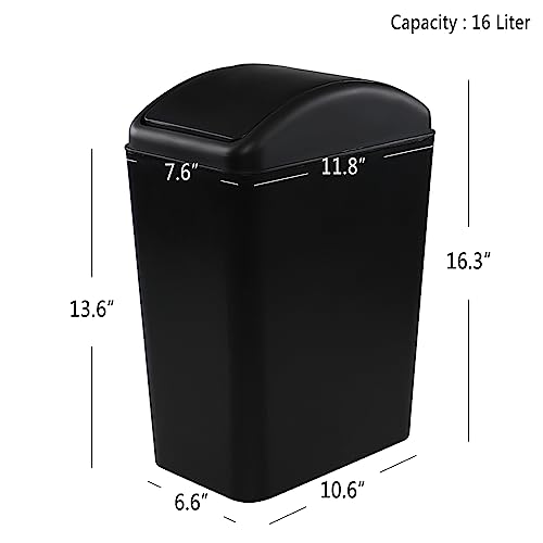 Easymanie 16 L Plastic Garbage Can with Swing Lid, Black Kitchen Slim Trash Can