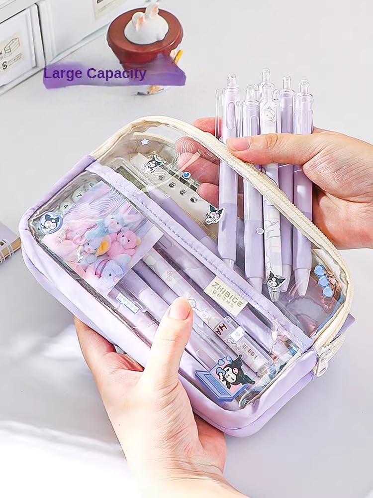 MILLEVIBE Kawaii ITA Pencil Pouch: Large Capacity Multi-Compartment Pen Case with Clear Window for Anime Display (Blue)