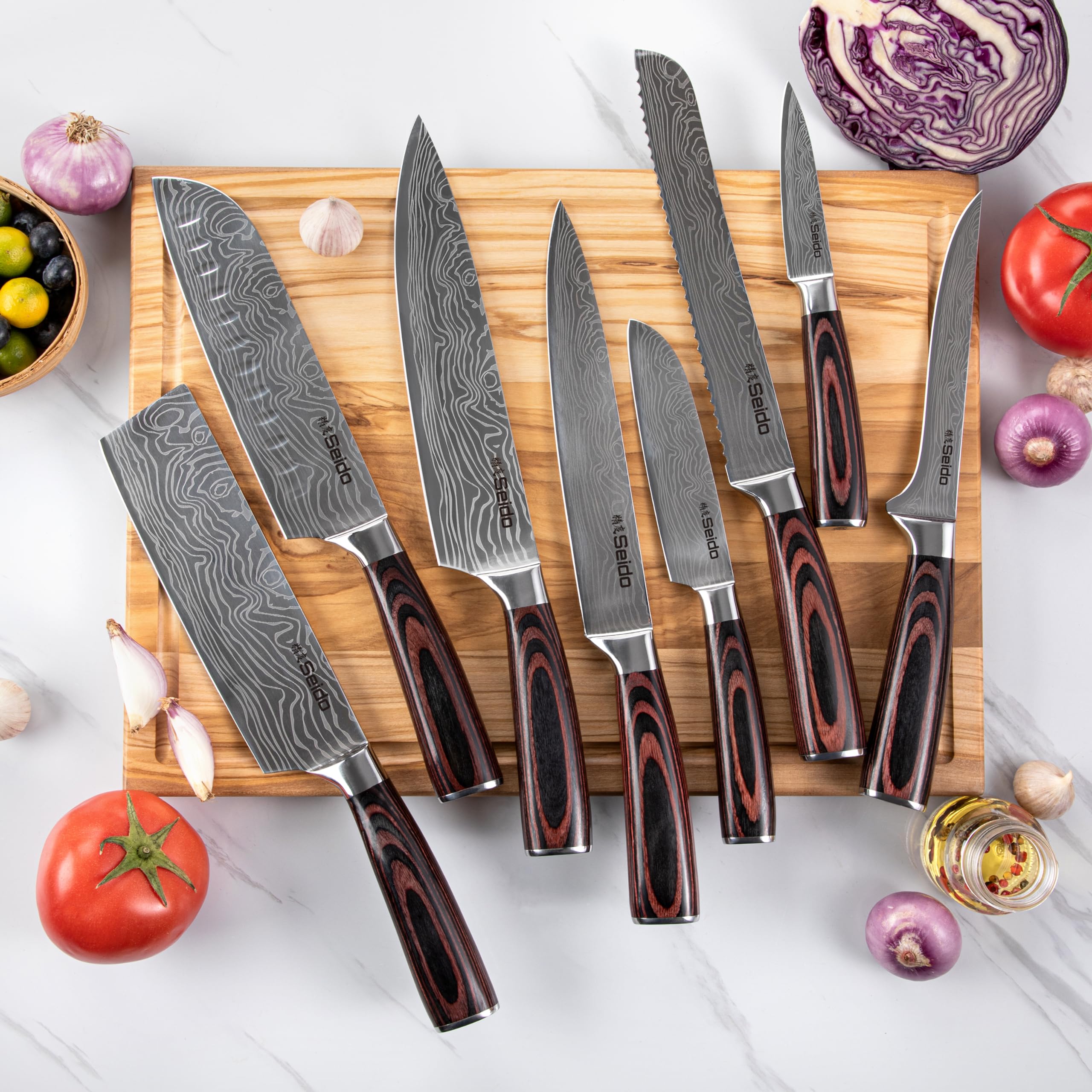 Seido Knives Master Chef Knife Set, 8-Piece Kitchen Knife Set, High-Carbon Stainless Steel Handmade Culinary Knives, Professional Chef Knives, Kitchen Knives