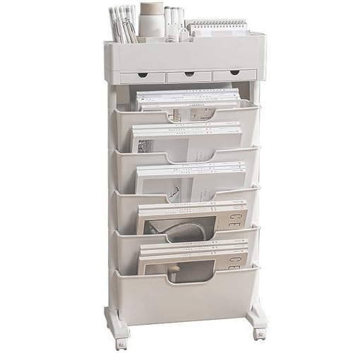 6 Tier Rolling Utility Cart,Mobile Bookshelf with Wheel, Multi-Functional Movable Storage Book Shelves with Lockable Casters for Office, Dorm, Classroom,Library, Study Room (White)