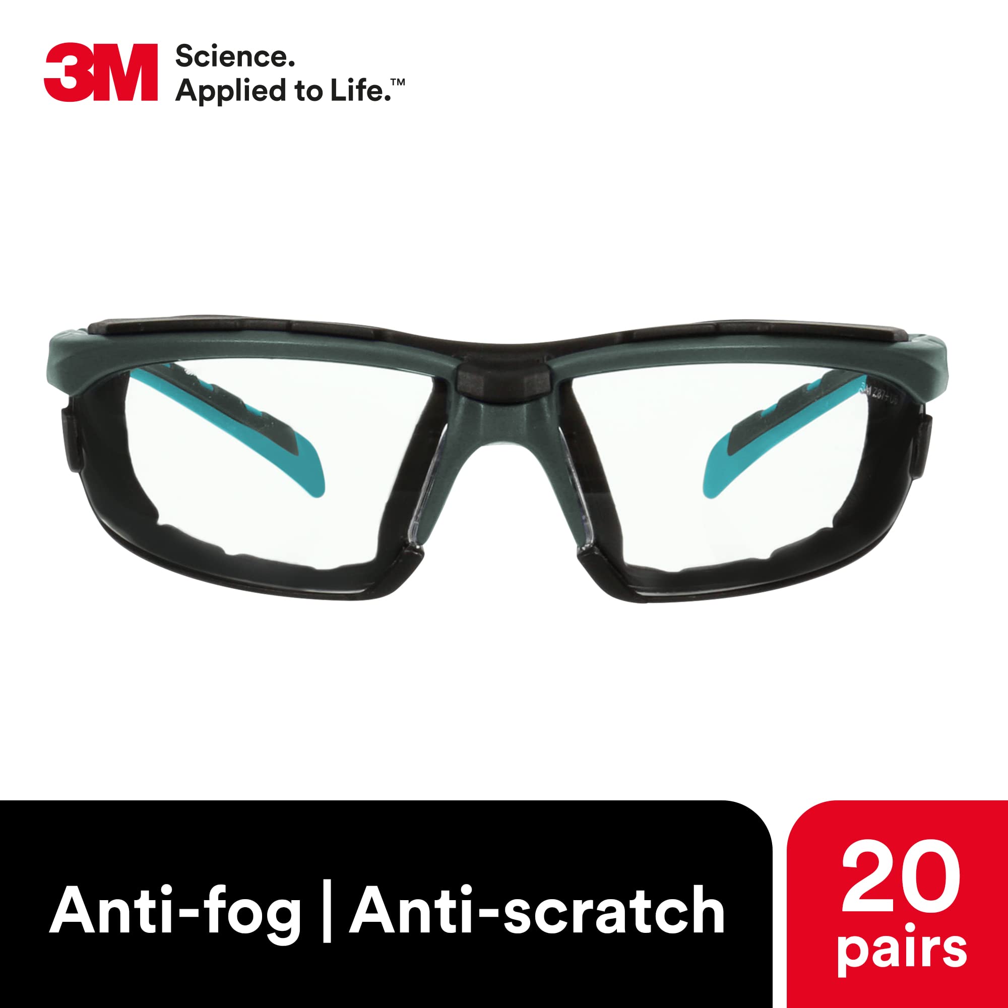 3M Safety Glasses, Solus 2000 Series, ANSI Z87, Scotchgard Anti-Fog Anti-Scratch, Clear Lens, Gray/Red Frame