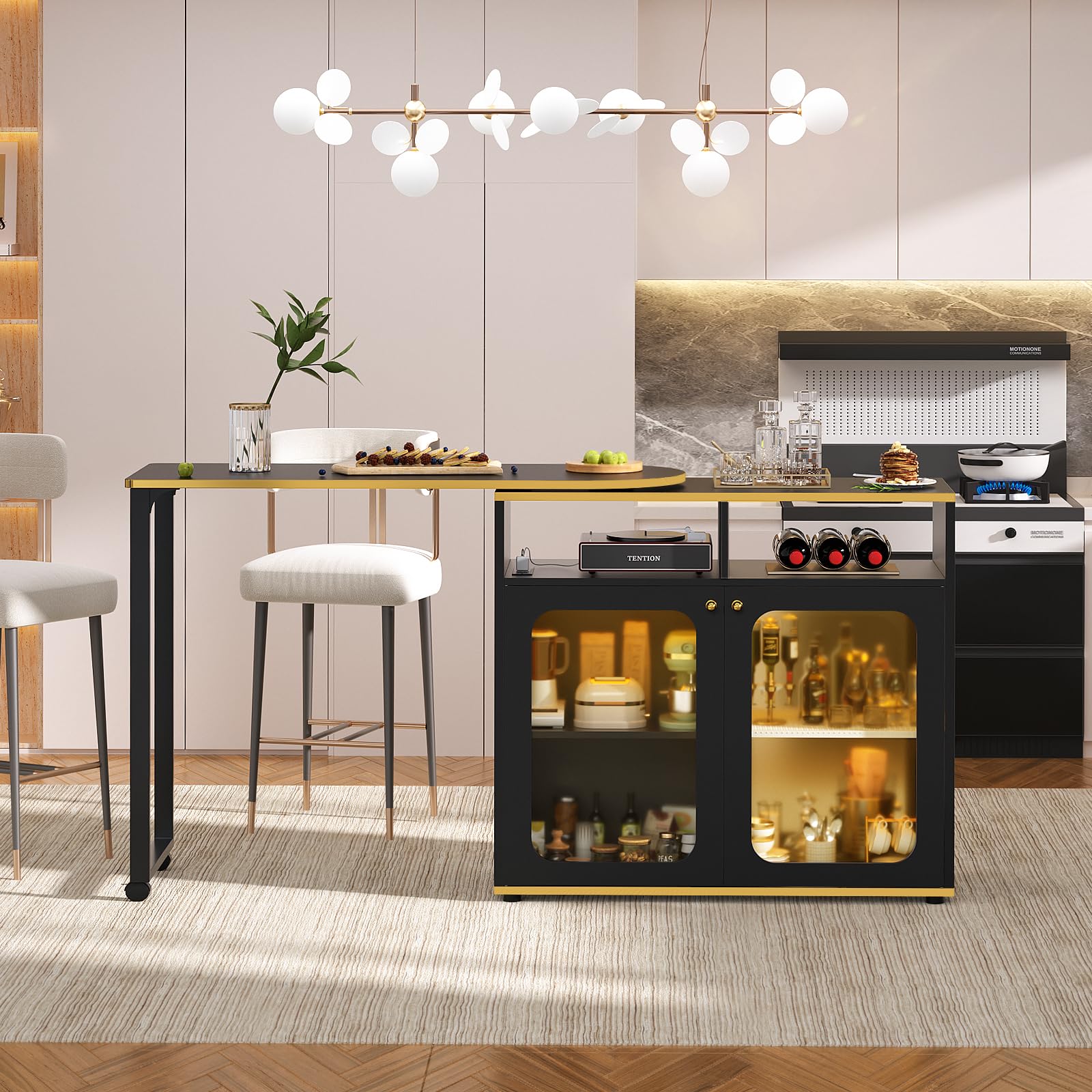 Cyclysio 360° Rotating Bar Cabinet, 59" Home Bar with LED Light & Charging Station, Double-Sided Foldable Liquor Wine Cabinet with Storage for Bar, Liquor, Coffee, Dining, Working, Black