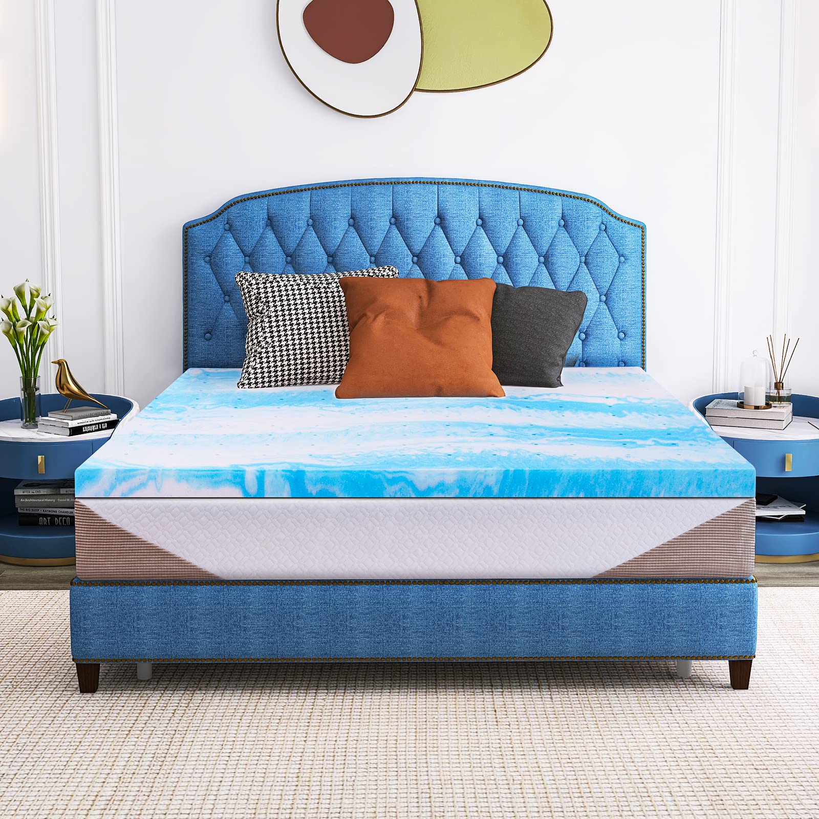 Opoiar 2 Inch Cooling Gel Memory Foam Mattress Topper in a Box, Medium Firm Mattress Topper for Pressure Relief & Temperature Regulation,CertiPUR-US Certified, Blue&White(Queen)
