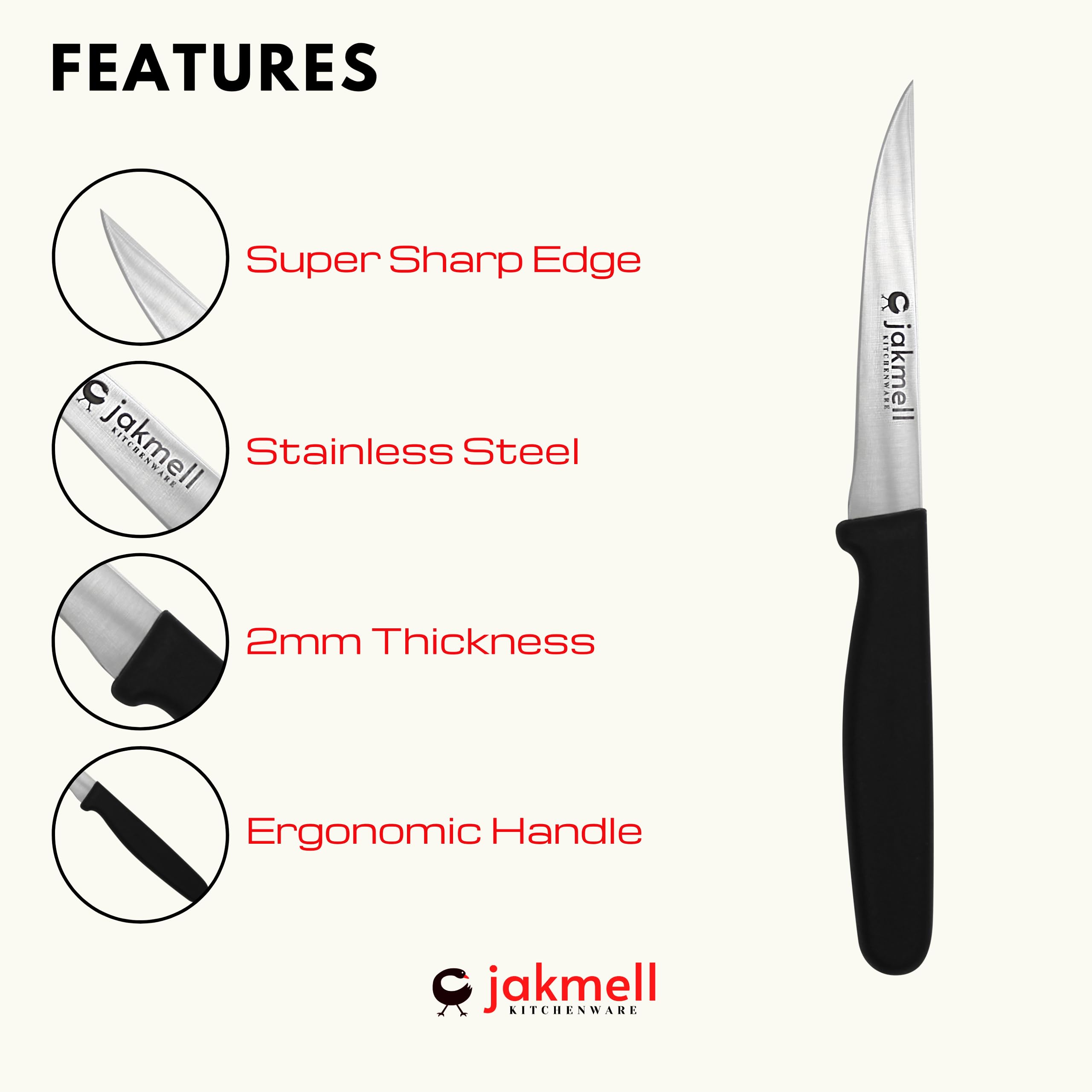 Jakmell Kitchenware 4 Inch Serrated Paring Knife with Black Handle, Stainless Steel Kitchen Knife with Durable Handle, All-Purpose Small Kitchen Utility Knife