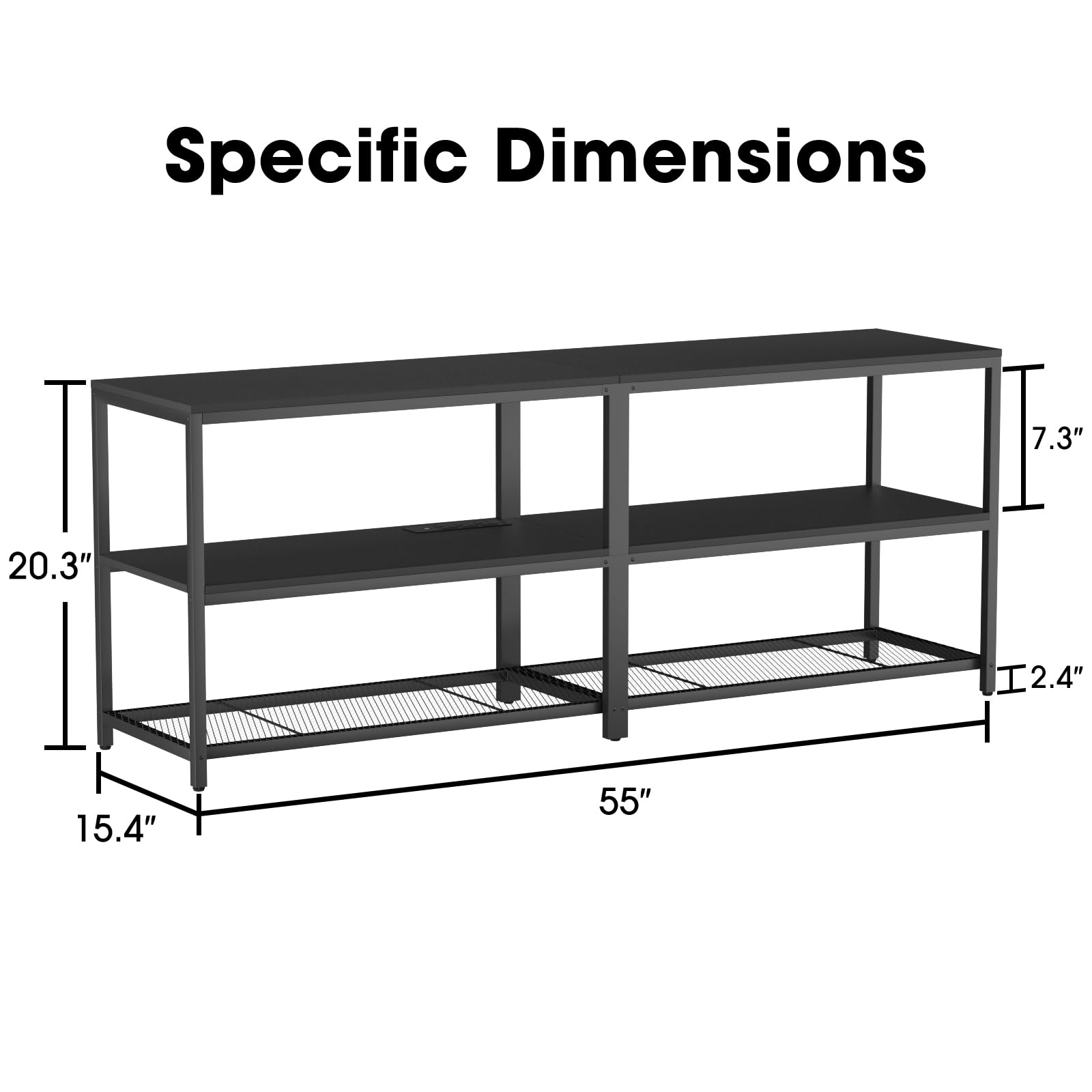 ADOFFUR 63 Inch Horizontal Bookshelf, Industrial 3 Tier Open Book Shelf with LED Strip and Outlets, Wood and Metal Long Bookcase for Home Office (Black)