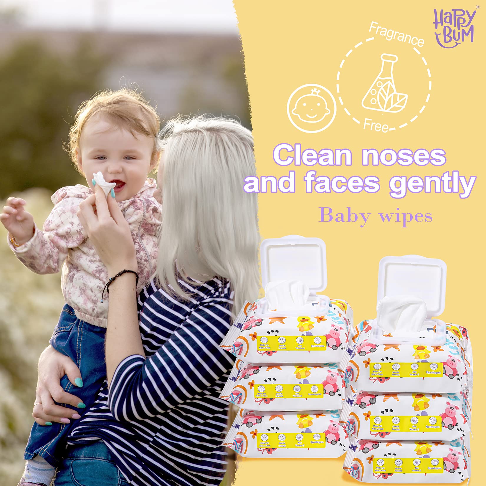 Baby Wipes - HAPPY BUM Saline Baby Wipes, Hypoallergenic, Unscented, 180 Count