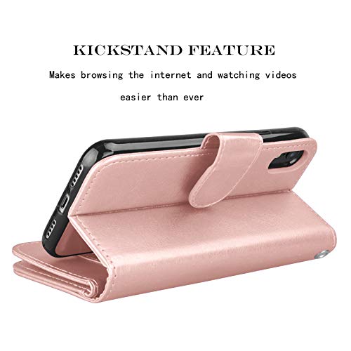 NJJEX Wallet Case for iPhone XR, for iPhone XR Case, PU Leather [9 Card Slots] ID Credit Holder Folio Flip Cover [Detachable][Kickstand] Magnetic Phone Case & Lanyard for iPhone XR 6.1" [Rose Gold]