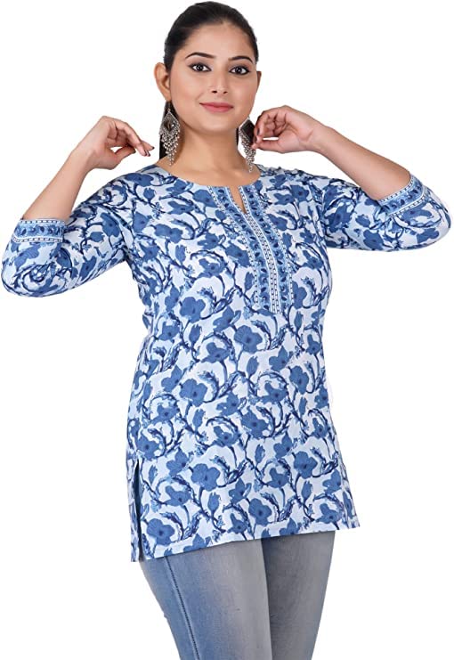 COTTON HTHRANG Indian Women's Tunics Tops, Cotton Hand Block Printed Short Kurti, Shirt, Blouse For Women Royal Blue