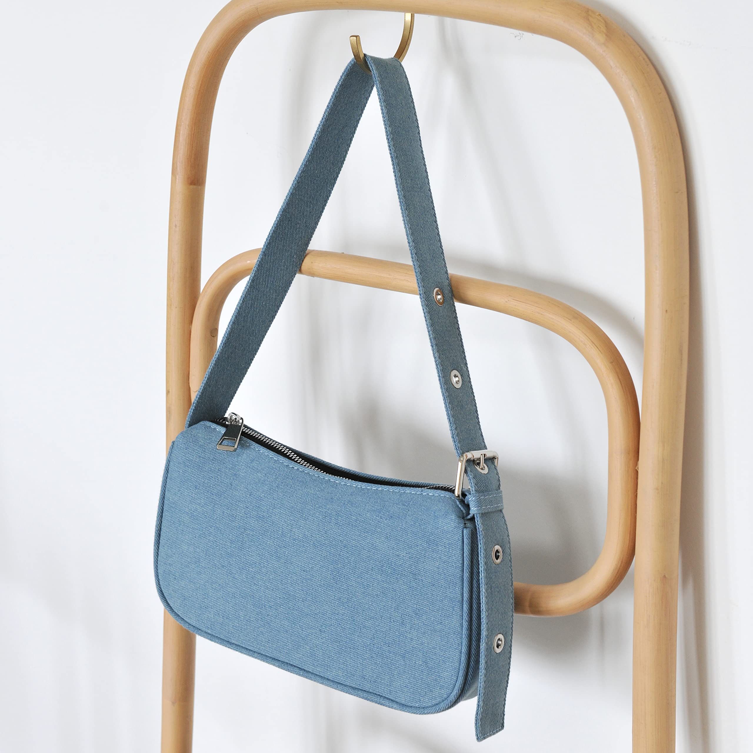 Denim 90s Shoulder Handbag Classic Women Purse with Grommets Adjustable Shoulder Strap Jeans Style Bag (Blue)