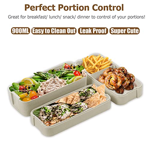 Bento Box for Adults, 3-In-1 Meal Prep Container, 900ML Japanese Lunch Box with Compartment, Wheat Straw, Leak-proof, Spoon & Fork, BPA-free (Beige)