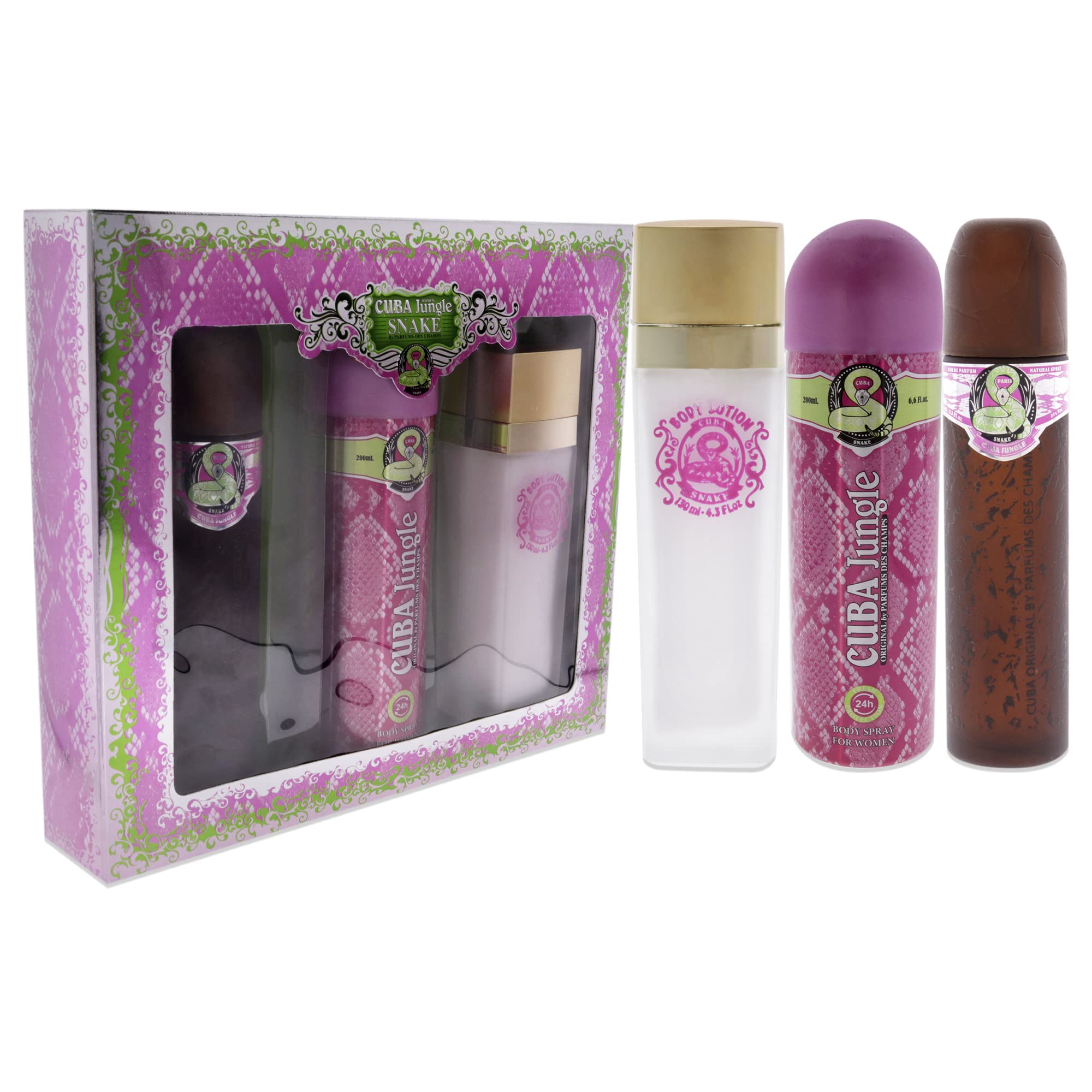 Cuba Cuba Jungle Snake Women 3.3 oz EDP Spray, 6.7oz Deodorant Spray, 4.3oz Body Lotion 3 Pc Gift Set