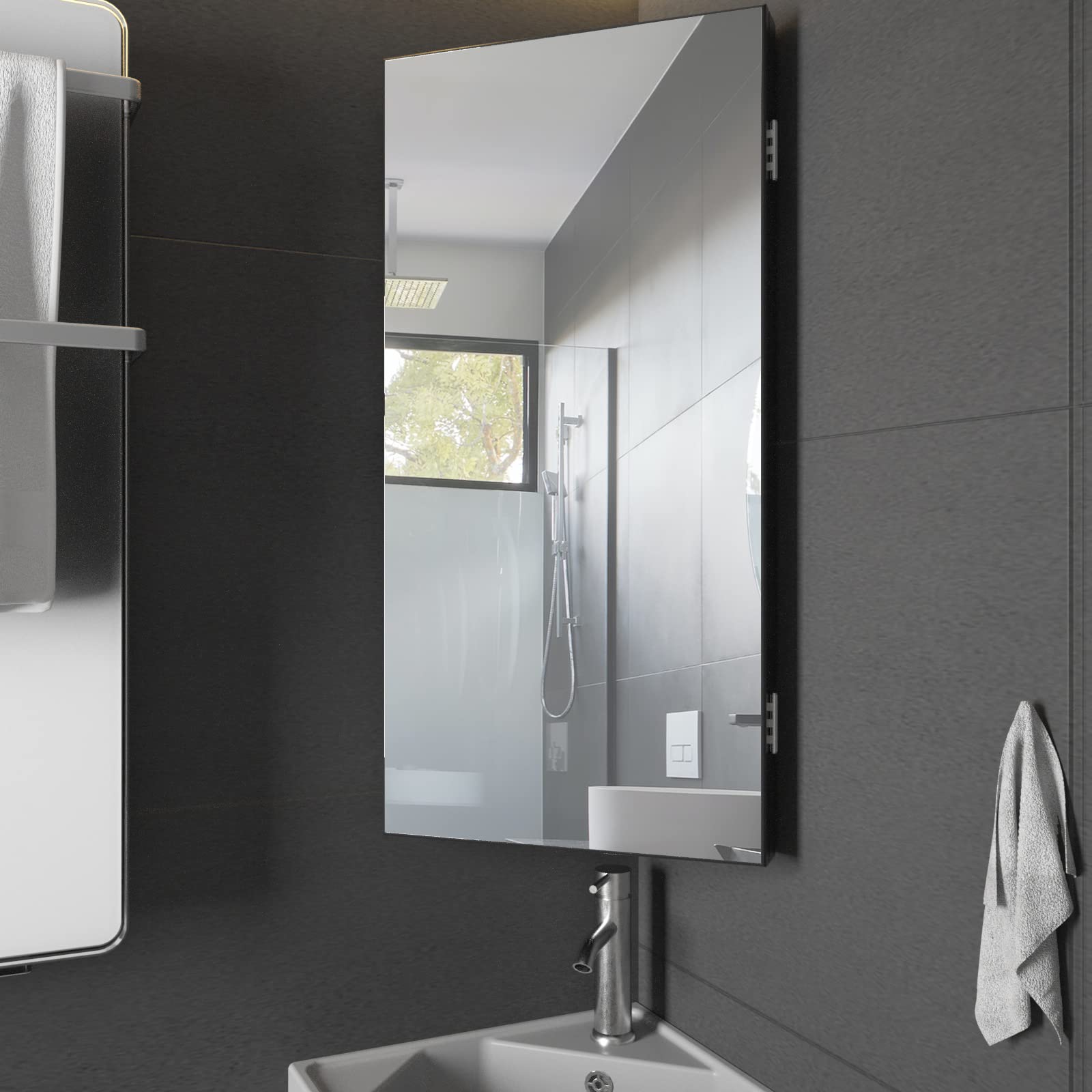eclife 24" Bathroom Corner Medicine Cabinet W/Mirror, Single Door Bathroom Black Wall Mount Mirror Cabinet, Hanging Triple Shelf Storage Cabinet Opens Left to Right