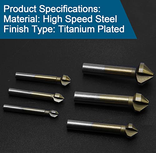 Aracombie 6 Pack 3 Flute 90 Degree Countersink Drill Bit Set, Titanium HSS Chamfering Tool Set Metric End Mill Cutter Bits, Deburring Chamfering Bit for Metal, Wood, Aluminum, Stainless Steel