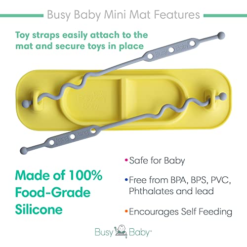BUSY BABY MAT | Silicone Mini Suction Placemat for Babies & Toddlers with Adjustable Tethers to Attach Toys | Keep Toys Off The Floor, Dishwasher Safe, BPA Free | Includes Travel Sleeve (Pewter)