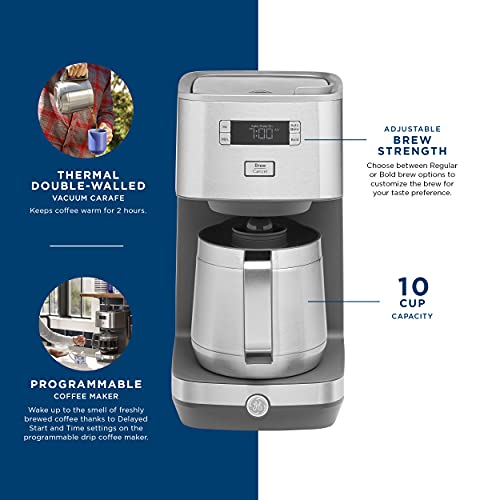 GE Drip Coffee Maker With Timer | 10-Cup Thermal Carafe Pot Keeps Coffee Warm for 2 Hours | Adjustable Brew Strength | Wide Shower Head for Maximum Flavor | Kitchen Essentials | Stainless Steel