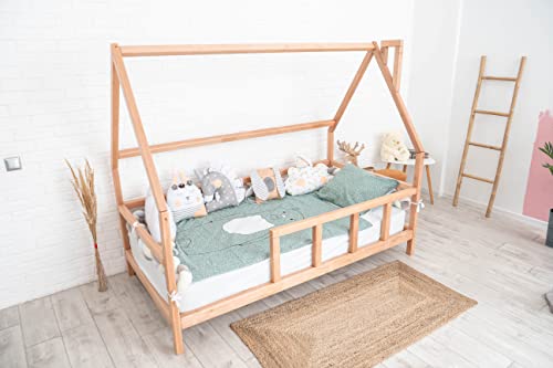 BUSYWOOD Montessori Bed For Toddlers - Wooden House Bed Frame - Twin Bed - Bed Montessori (Model 1, Natural tree, with Legs & Slats)