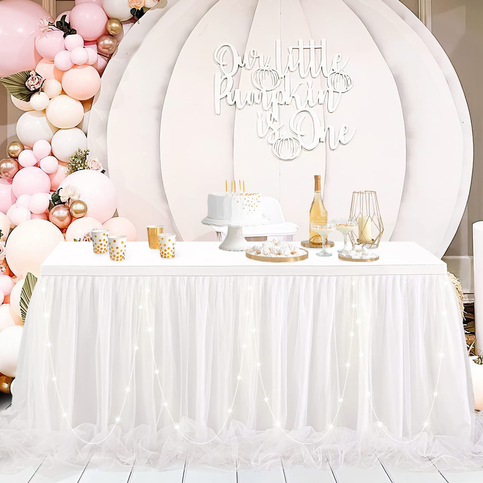 Tulle Table Skirt for Rectangle or Round Tables with LED Lights 9ft White Tutu Table Skirt for Wedding Bridal Shower Birthday Party Decorations