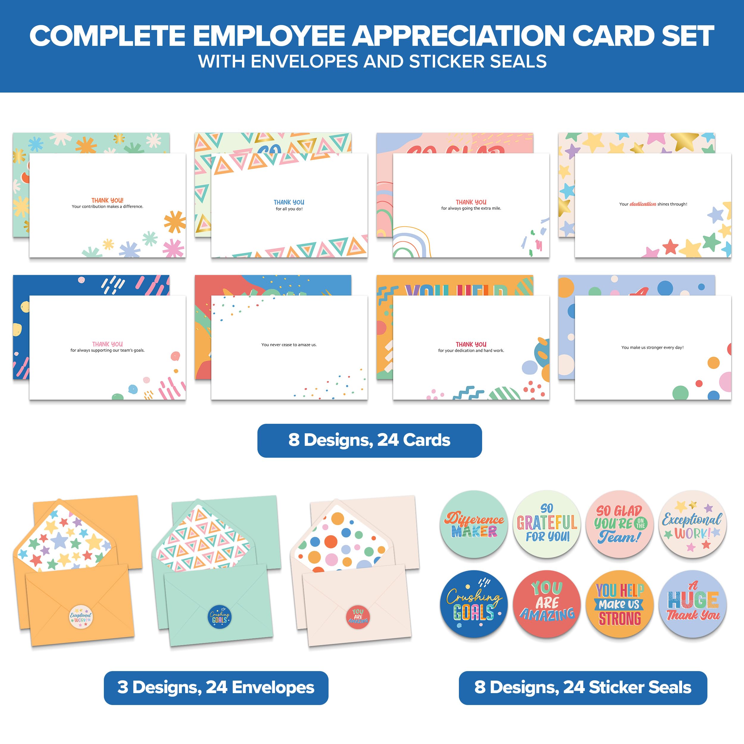 Decorably 24 Pack Gold-Foiled Employee Appreciation Cards with Envelopes & Stickers - 8 Designs Blank Inside Employee Appreciation Card, 6x4in Employee Thank You Cards for Employees Appreciation