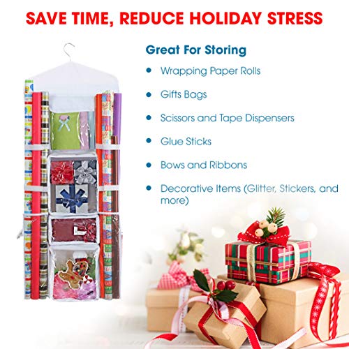 ProPik Hanging Double Sided Wrapping Paper Storage Organizer With Multiple Front And Back Pockets Organize Your Gift Wrap & Gift Bags Bows Ribbons 40”X17 Fits 40 Inch Rolls (White)