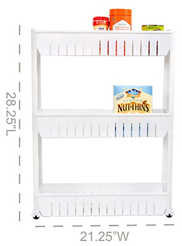 Home-X Slim 3-Tier Rolling Cart for Laundry Room and Bathroom Organization, Space-Saving Storage with Shelves and Wheels, Small Pantry Shelf, Narrow Organizer, White Shelving Unit