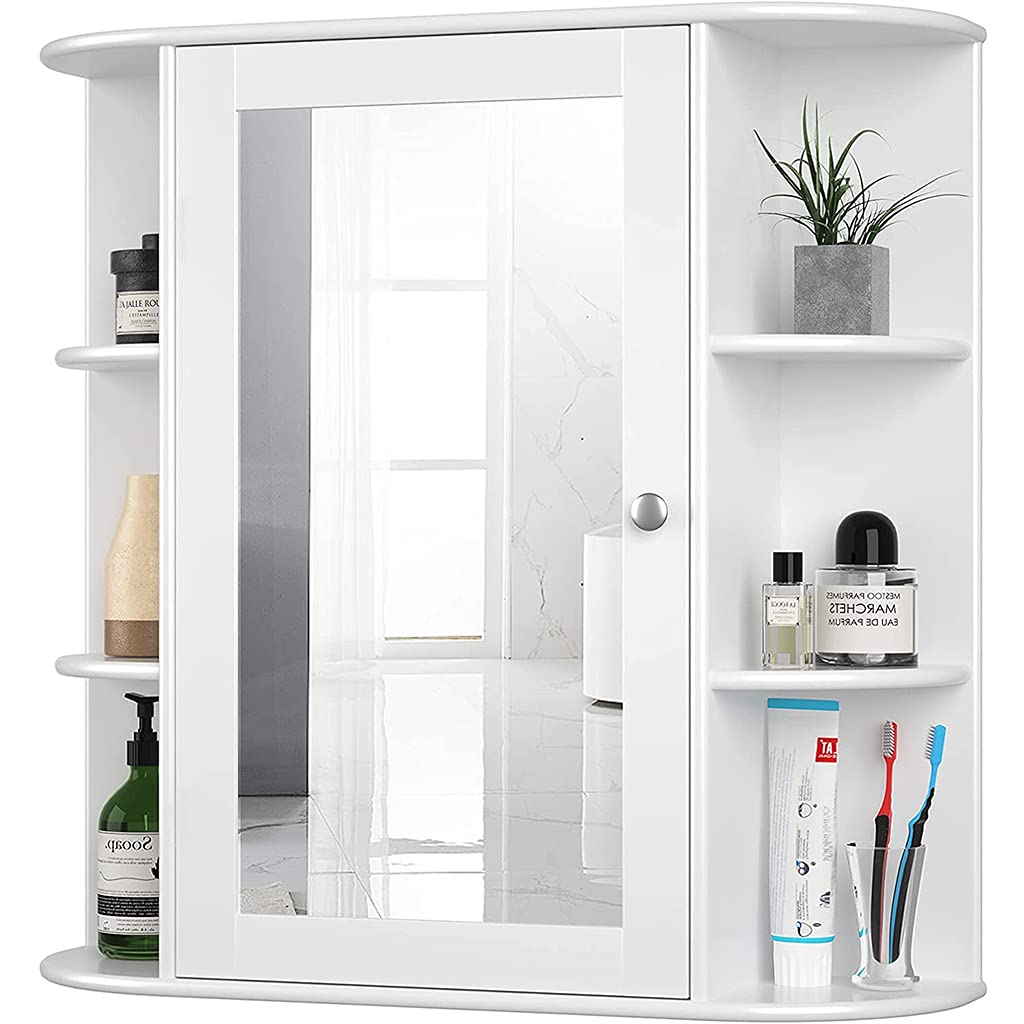 AMZOSS Bathroom Medicine Cabinet with Mirror, Wall Mounted Bathroom Storage Cabinet with Double Doors and Adjustable Shelf, Wooden Storage Cabinets Organizer for Kitchen, Toilet Furniture (White)