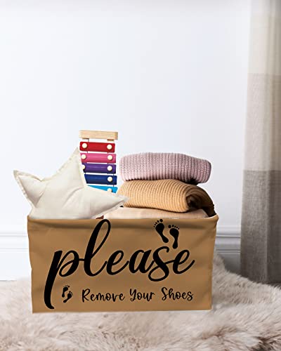 Please Remove Your Shoes Storage Basket Waterproof Cube Storage Bin Organizer with Handles, Farmhouse Brown Collapsible Storage Cubes Bins for Clothes Books Toys 15"x11"x9.5"