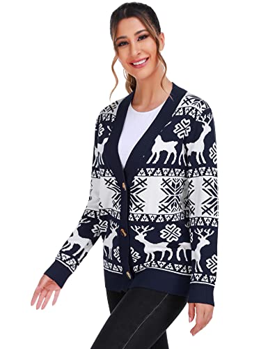Cowasto Women's Reindeer Knitted Christmas Cardigan Sweater Comfy Button Up Casual Open Front Festive Sweaters Navy Blue X-Large