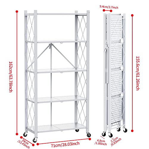 Mochubang Foldable Storage Shelves Unit, 5-Tier Folding Shelf Steel Shelving Rack Organizer Cart with Rolling Wheels for Mobile in Kitchen, Warehouse, Closet, Patio, Pantry Organization (White)