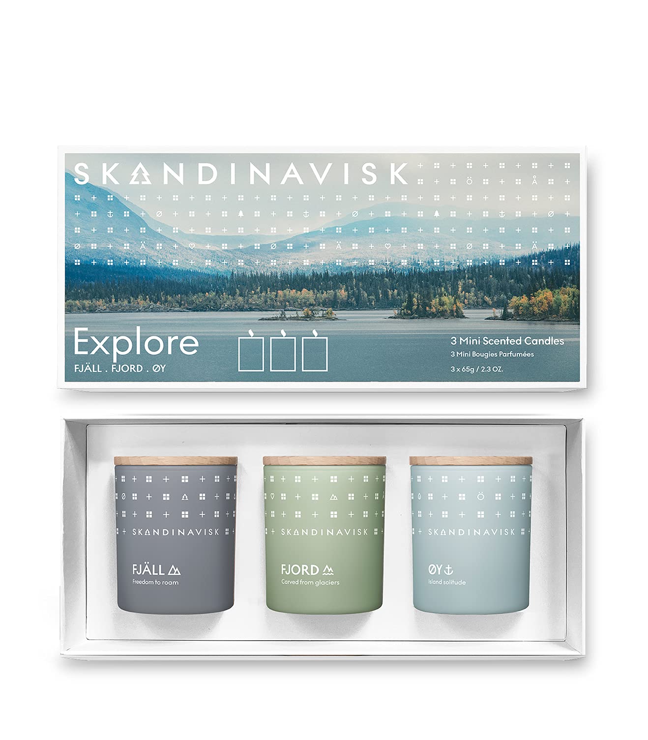 Skandinavisk Explore Giftset of 3 Mini Scented Candles. FJĂLL âHighlandâ, Fjord, and ĂY 'Island'. Vegan Formula. 3 x 2.3 oz.