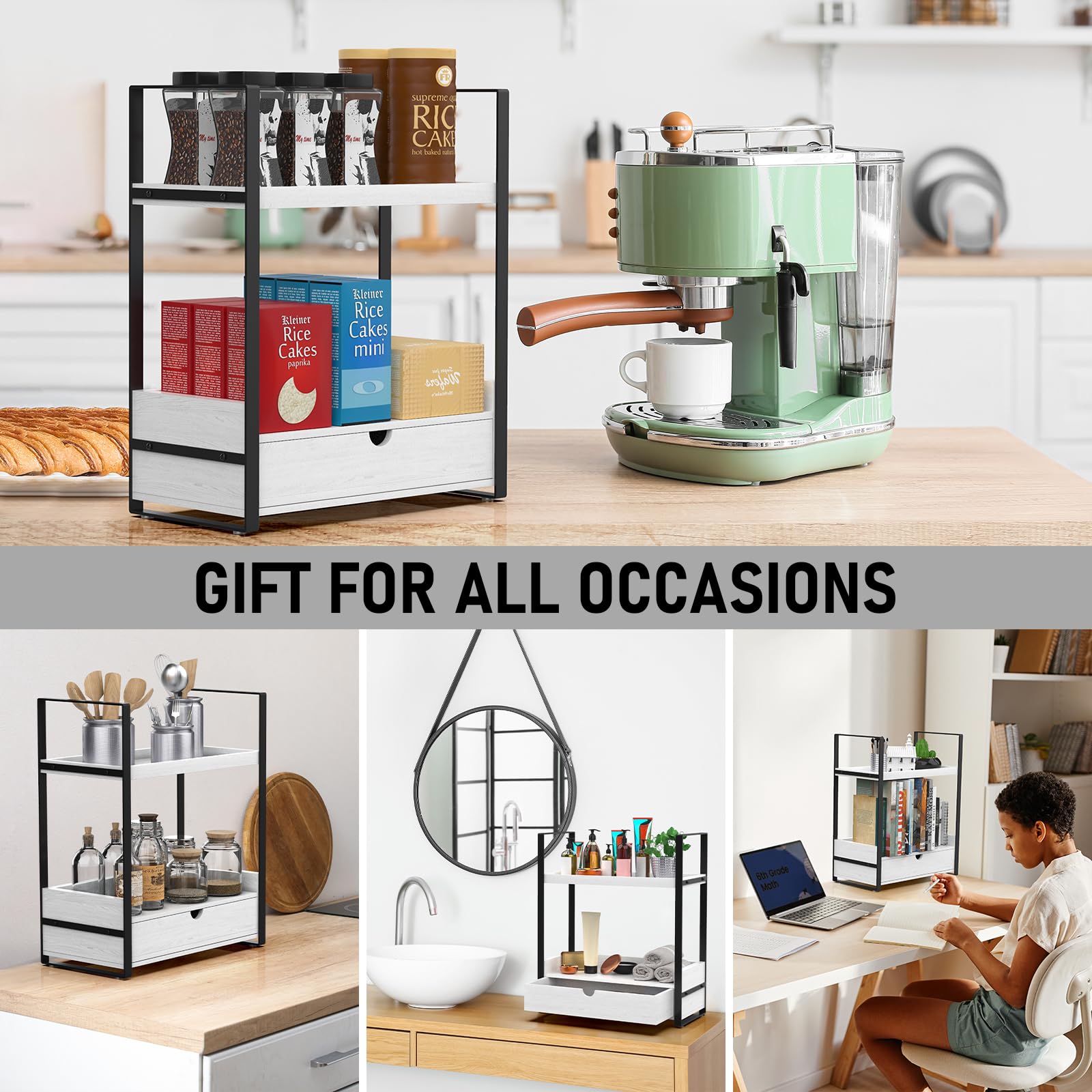 AnnBay Bathroom Counter Organizer,2 Tier Bathroom Organizer Countertop,Bathroom Counter Organizer with Drawers,Wooden Bathroom Organizer with Metal Frame,Perfect for Bathroom,Makeup,Kitchen Storage