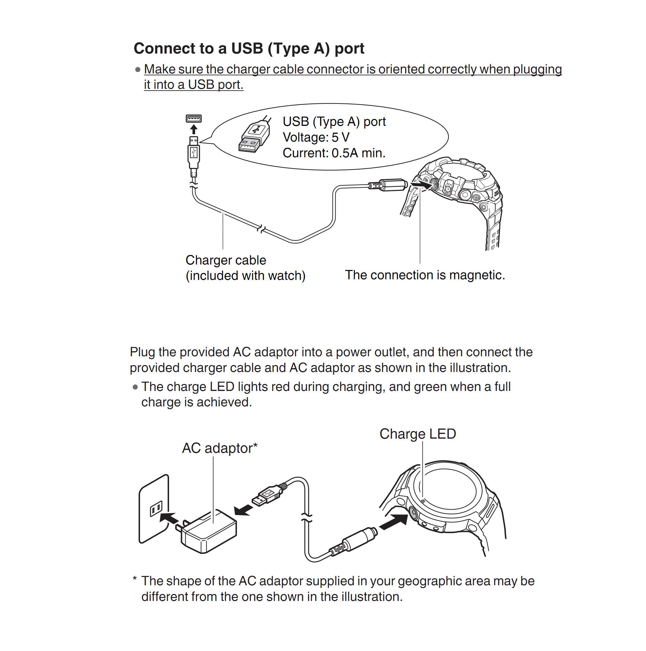 Charger Cable for Casio G-Shock G-Squad PRO GSW-H1000 and WSD-F21HR/WSD-F30/WSD-F20/WSD-F10/Protrek-WSD Series