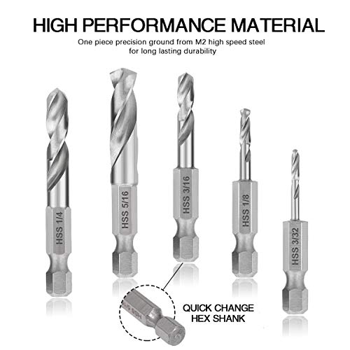 COMOWARE Stubby Drill Bit Set for Metal, 5pcs HSS M2 Short Length Drill Bit with 1/4-Inch Quick Change Hex Shank