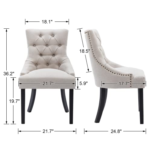 CIMOO Linen Dining Chairs Set of 2 Mid Century Modern Tufted Accent with Solid Wooden Legs Nailhead Trim Room Leisure Padded side for Room/Kitchen/Living Room, Beige, Linen-beige-2pcs