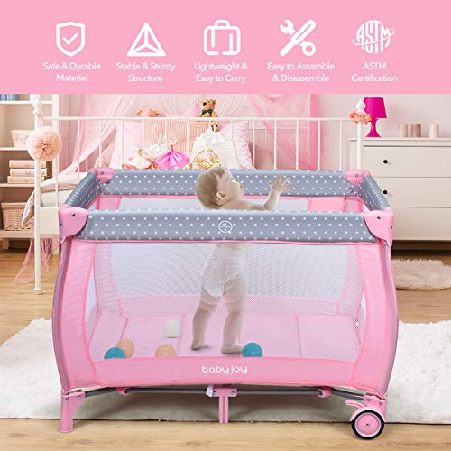 HONEY JOY Pack and Play with Bassinet, 3 in 1 Portable Baby Playard with Infant Full-Size Bassinet & Changing Table, Diaper Stacker, Foldable Play Yard Nursery Center w/Toy Bar, Oxford Bag (Pink)