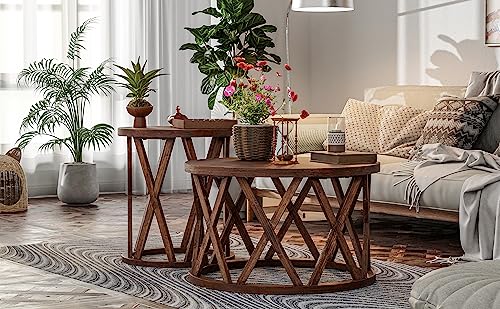 COZAYH Farmhouse Coffee Table, Rustic Round Coffee Table with X-Motifs Legs, Wood Textured Top, for Boho, French Country Decor, Brown
