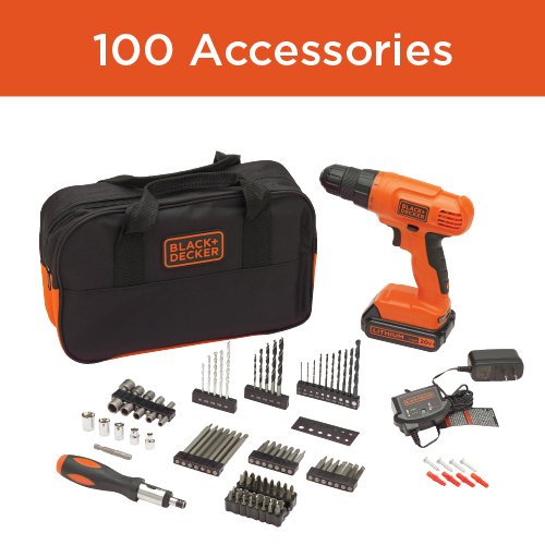 BLACK+DECKER 20V MAX* POWERCONNECT Cordless Drill Kit + 100 pc. Kit (BDC120VA100), Orange