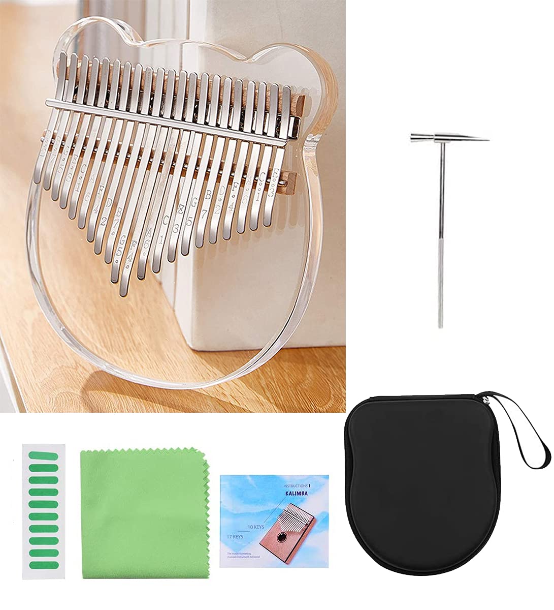 FUNLLY Kalimba Thumb Piano 21 Keys Clear, Crystal Acrylic Cute Bear Mbira Musical Instruments Kit with Engraved Notes Eva Bag Study Instruction, Gifts For Kids Adults